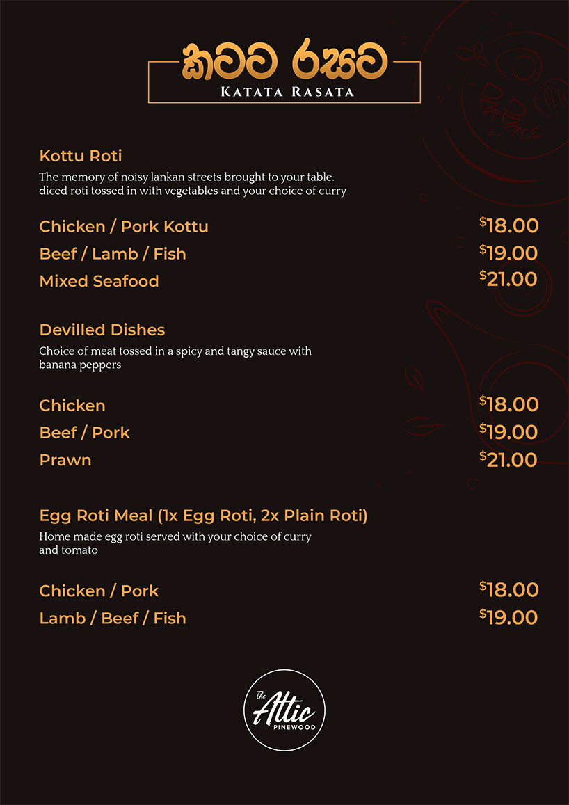 Attic Pinewood Restaurant Menu