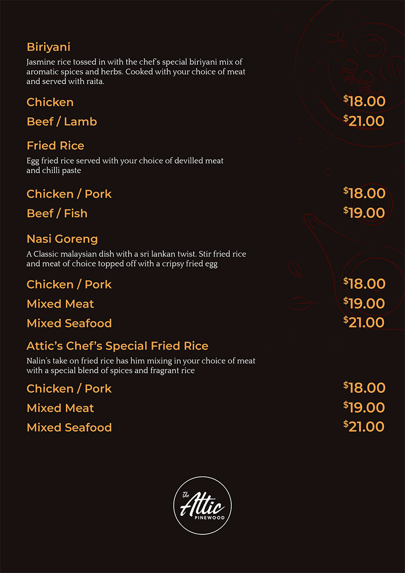 Attic Pinewood Restaurant Menu