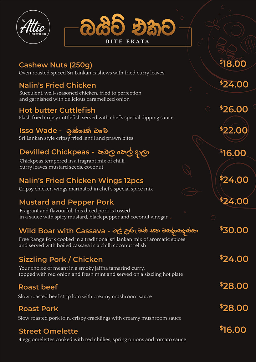 Attic Pinewood Restaurant Menu